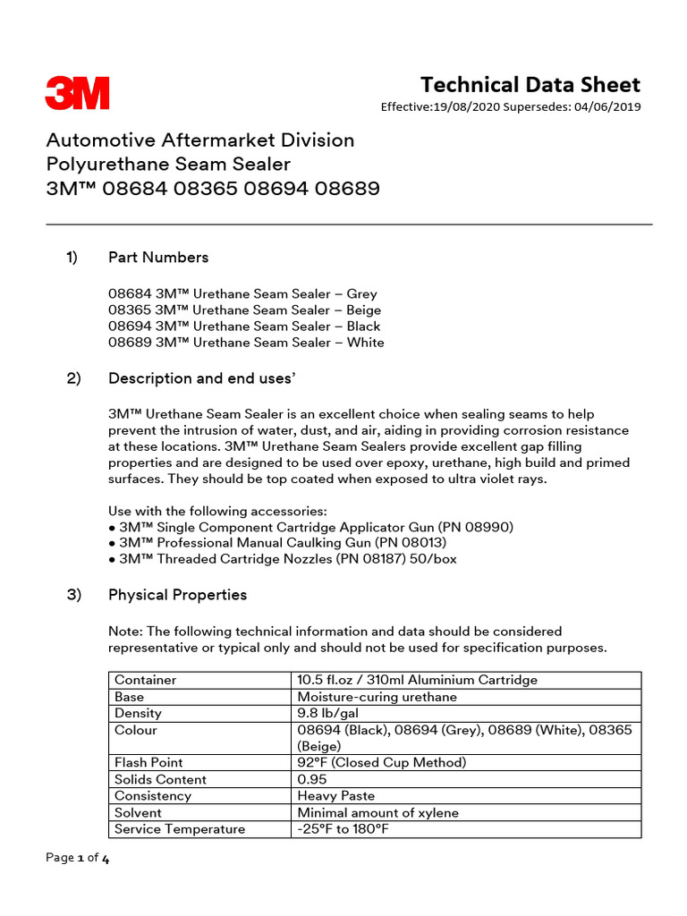 3m Polyurethane Seam Sealer 08684 08365 08694 08689 Technical Datasheet ...