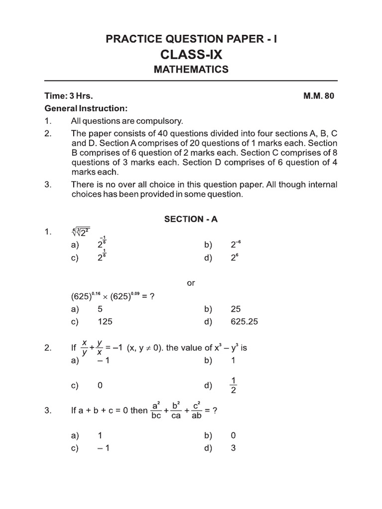 9 Maths Sample Paper 2020 2021 Set 1 | PDF | Law
