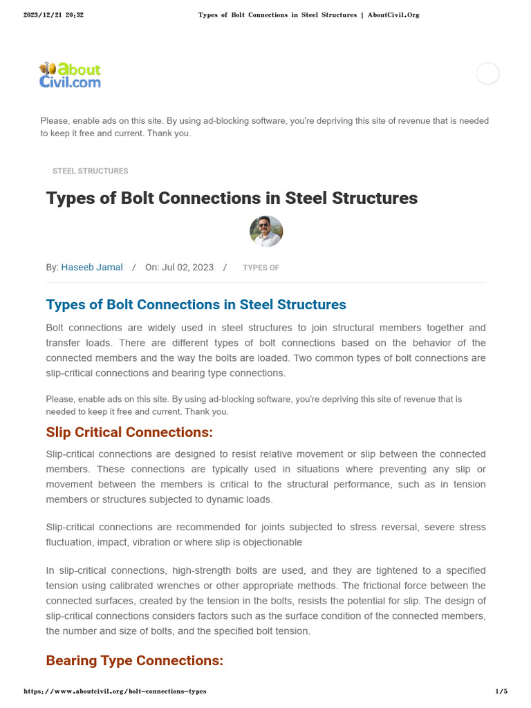Types of Bolt Connections in Steel Structures | PDF | Mechanical ...