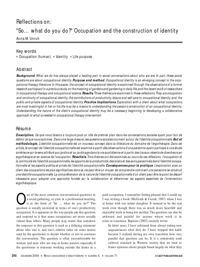 "So… what do you do?" Occupation and the construction of identity | PDF ...