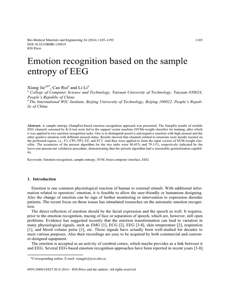 Emotion Recognition Based On The Sample Entropy of EEG | PDF | Electroencephalography ...