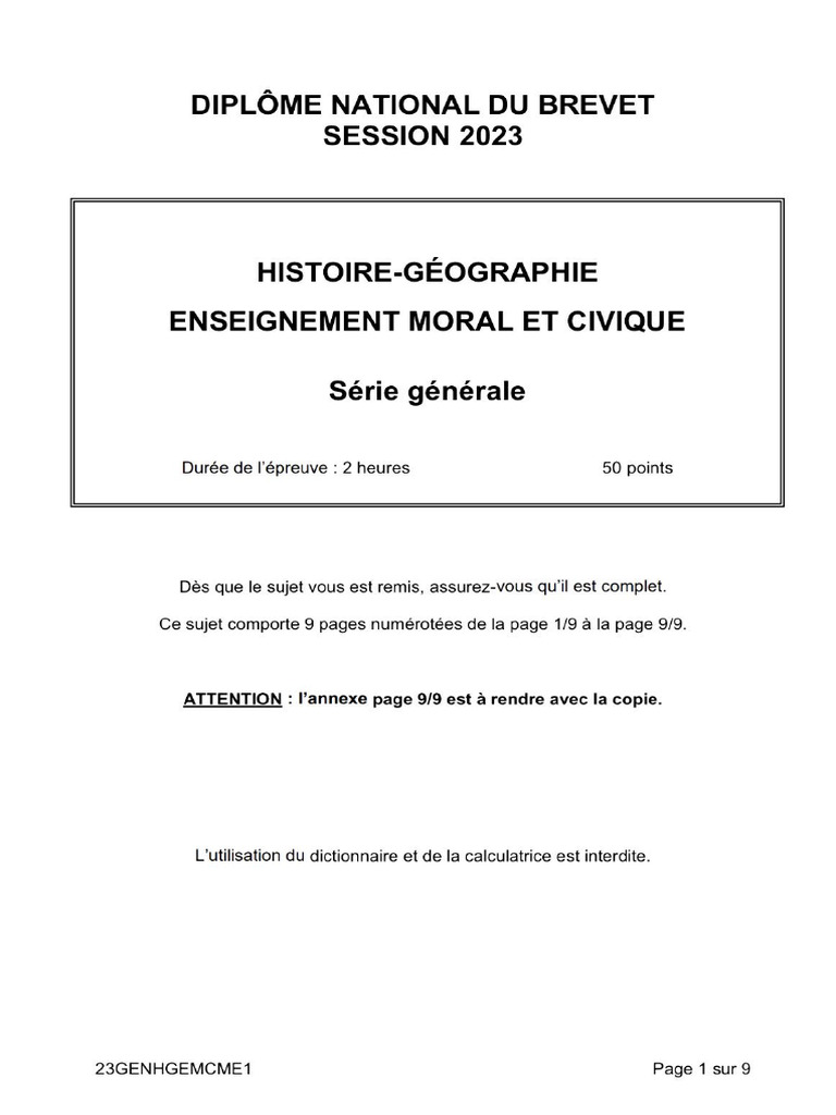Sujet Et Corrigé Histoire Geo Brevet 2023 | PDF