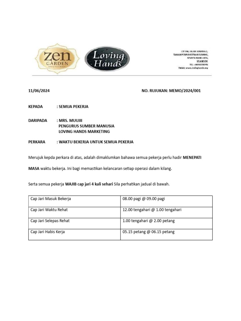 Memo-2024-001 - Waktu Bekerja Untuk Semua Pekerja | PDF