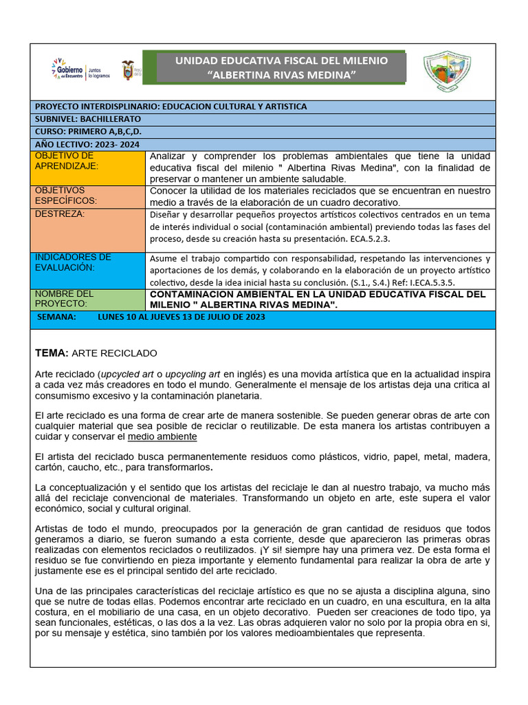 PROYECTO INTERDISCIPLINARIO ECA-PRIMERO-1 | PDF | Reciclaje