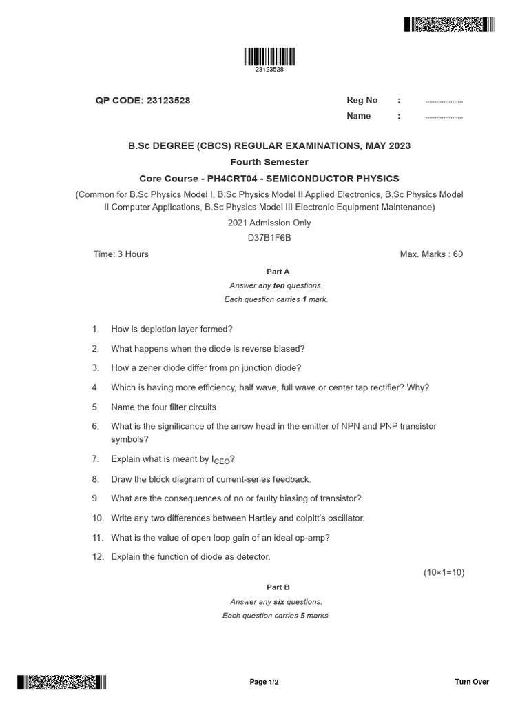 QP CODE: 23123528: Reg No: Name | PDF | Diode | Amplifier