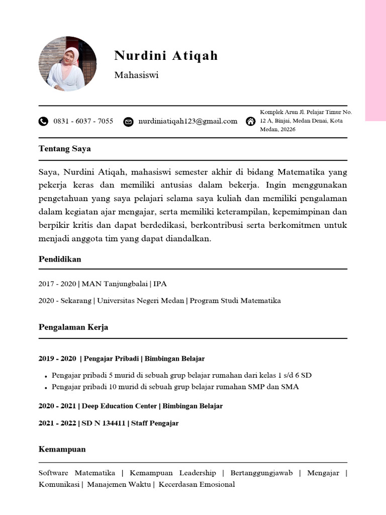 Curriculum Vitae (CV) Nurdini Atiqah | PDF | Karier & Perkembangan