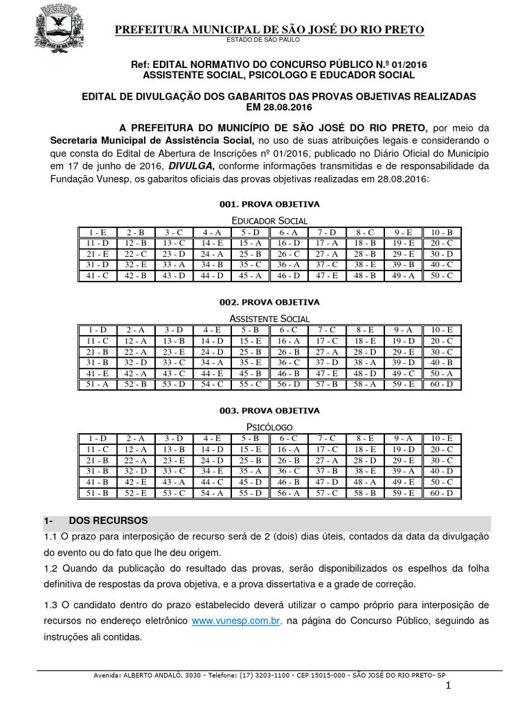 Vunesp 2016 Prefeitura de Sao Jose Do Rio Preto SP Psicologo Gabarito | PDF Vunesp 2016 Prefeitura de Sao Jose Do Rio Preto SP Psicologo Gabarito | PDF