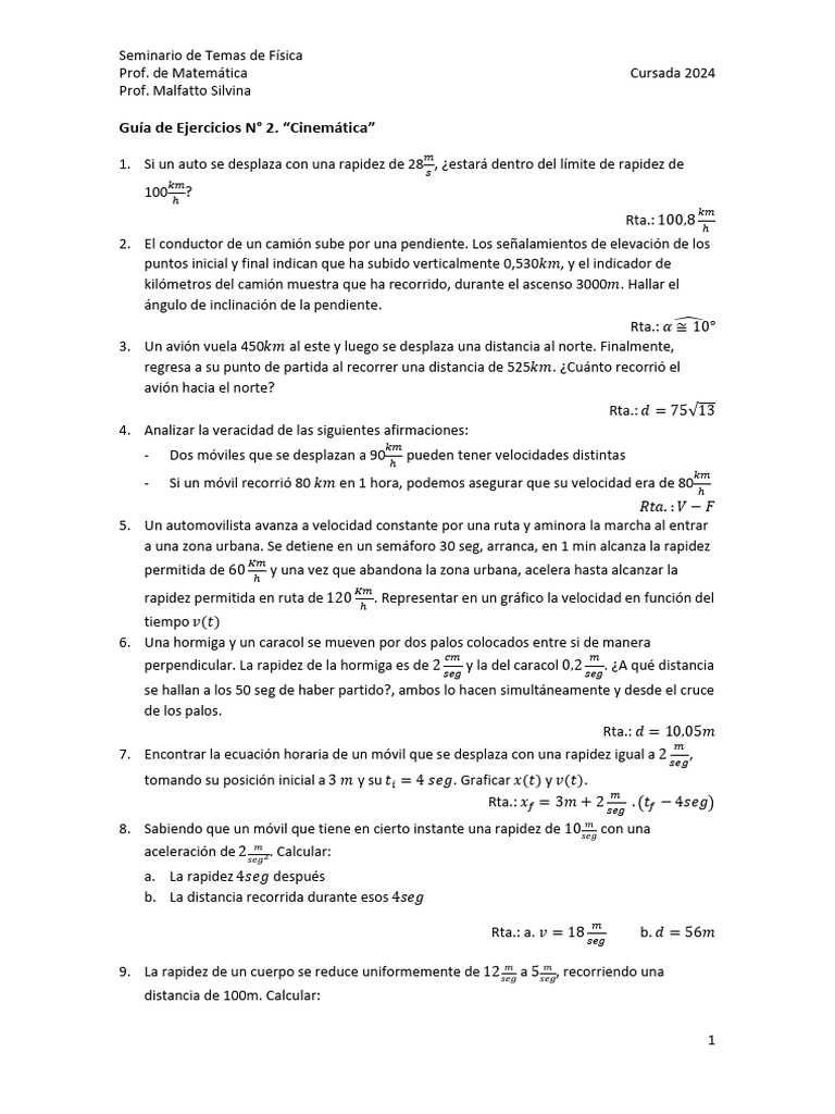 Guía de Ejercicios N°2 Cinemática 2024 | PDF | Velocidad | Aceleración