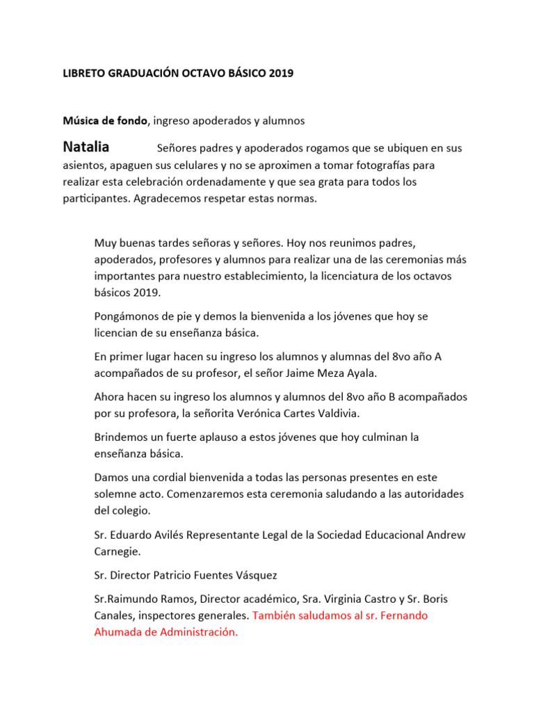 Libreto Graduación Octavo Básico 2019 | PDF