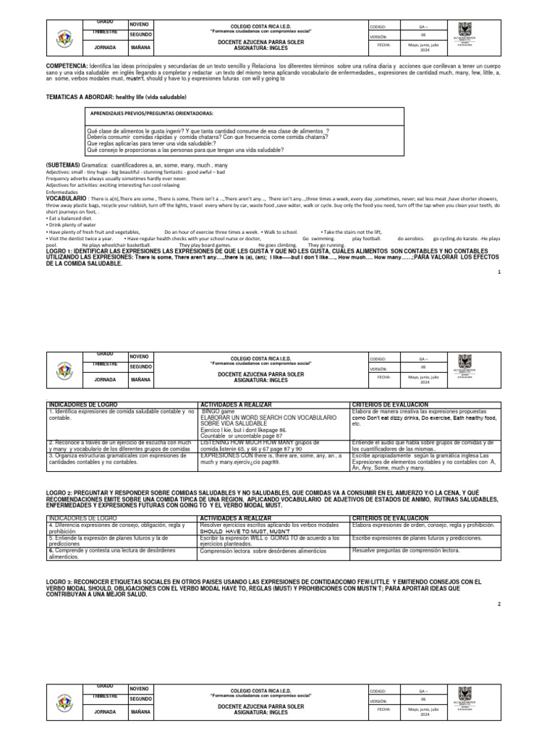9 PLAN DE AULA INGLES AZUCENA2nd TRIM2024 | PDF | Gramática inglesa ...