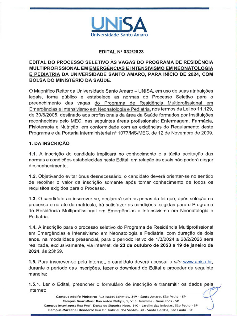 Edital Residencia Multiprofissional Unisa SP 2024 | PDF | Ciências e ...