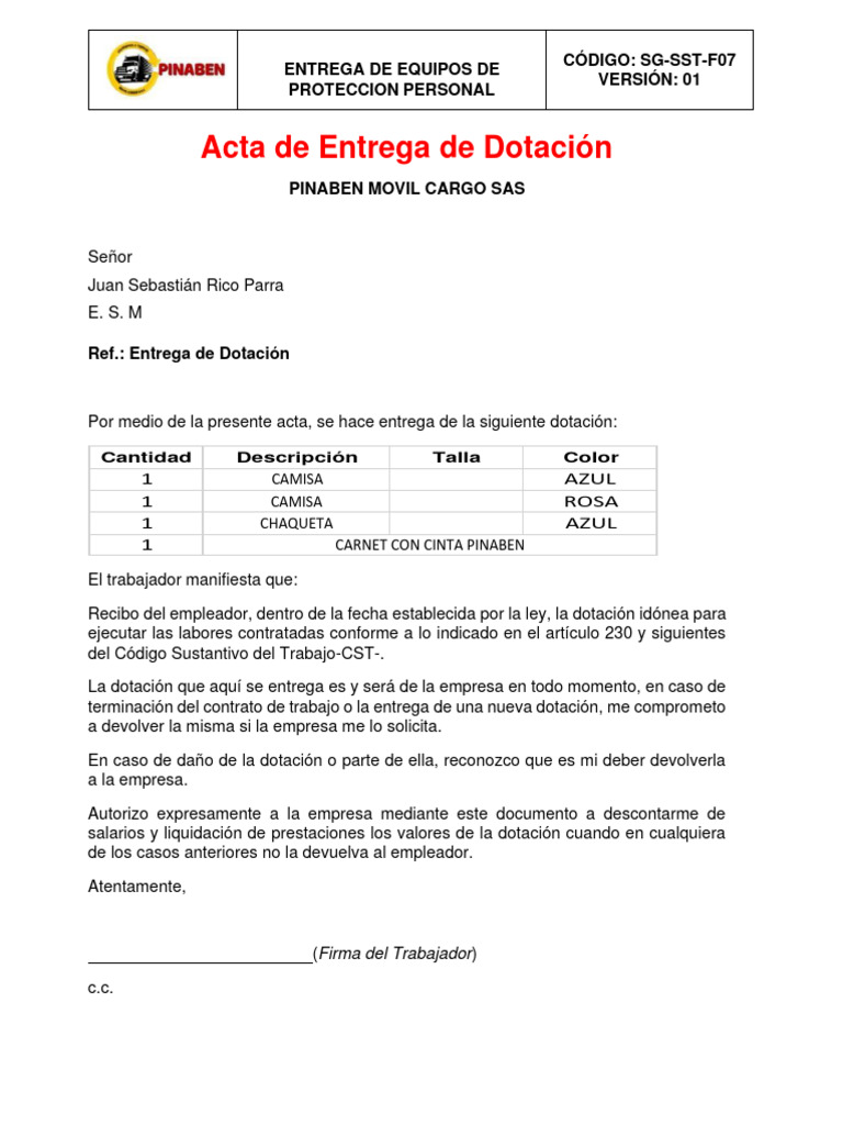 Formato Acta de Entrega de Dotación | PDF