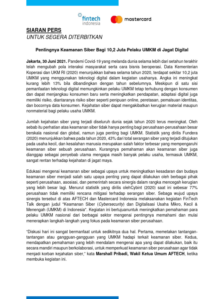Siaran Pers Pentingnya Keamanan Siber Bagi 10 J2 Juta Pelaku UMKM Di Jagat Digital | PDF ...