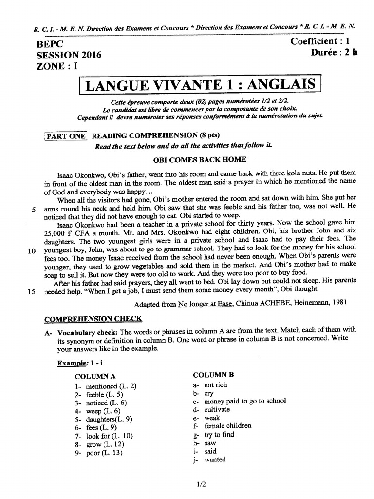 Bepc z1 Ang Lv1 2016 | PDF