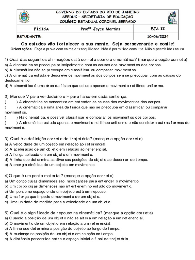 Prova EJA II - Física - Joyce | PDF | Cinemática | Trajetória