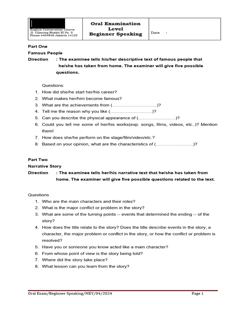 Beginner English Oral Exam Guide | PDF