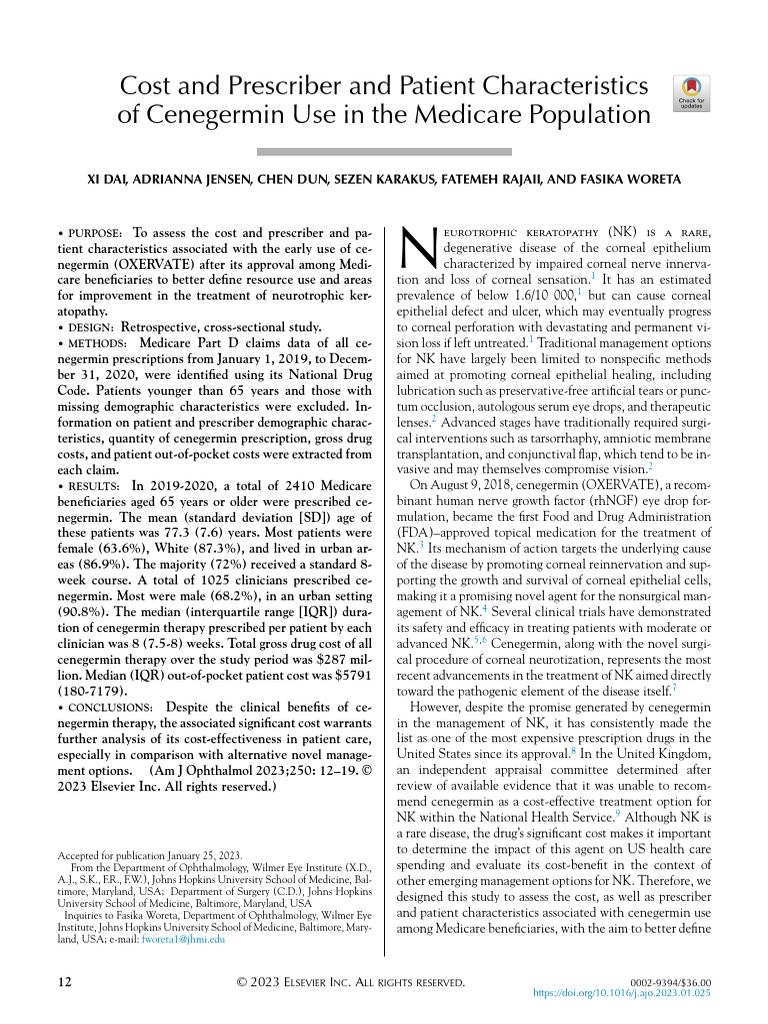 Cost and Prescriber and Patient Characteristics of Cenegermin Use in ...