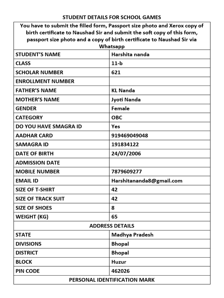 Student Details For School Games | PDF