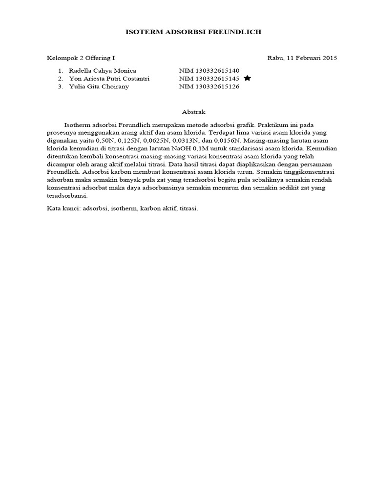 Isoterm Adsorpsi Freundlich HCl dan Arang Aktif | PDF