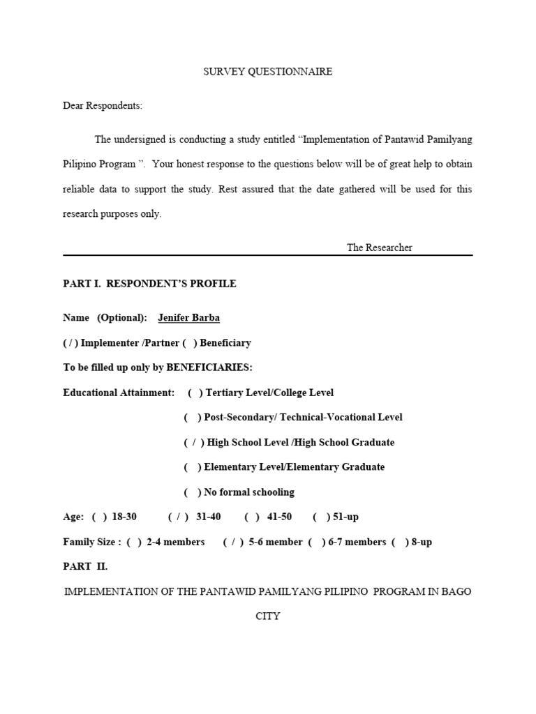 4ps Survey | PDF | Basic Needs | Questionnaire