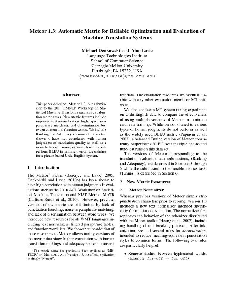 Meteor 1.3 - Automatic Metric For Reliable Optimization and Evaluation ...
