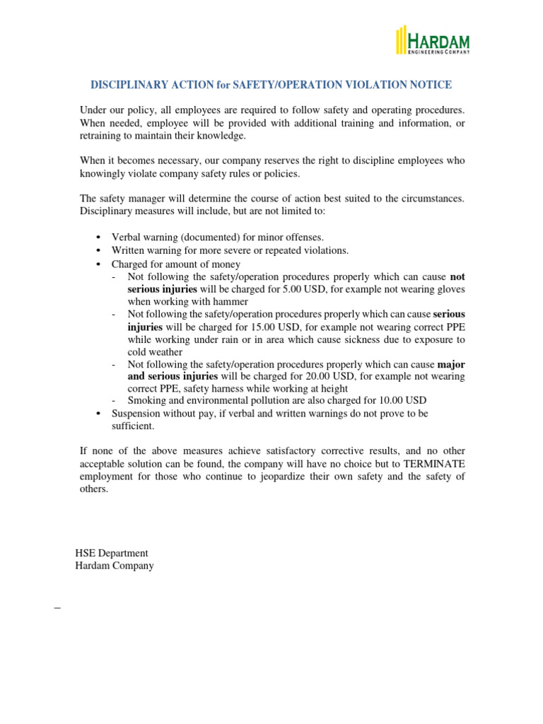 Safety Violation Notice | PDF | Personal Protective Equipment | Labor ...