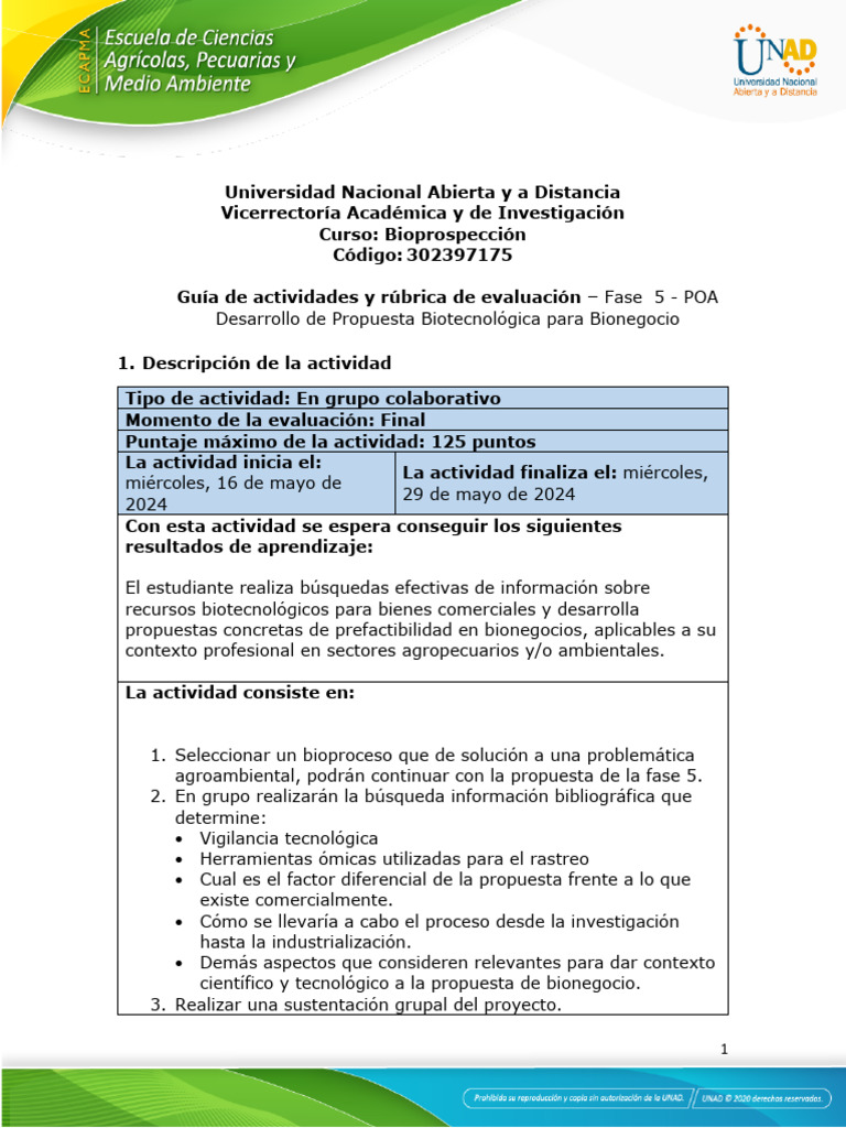 Guía y Rúbrica de Evaluación - Fase 5 - POA Desarrollo de Propuesta Biotecnológica para ...