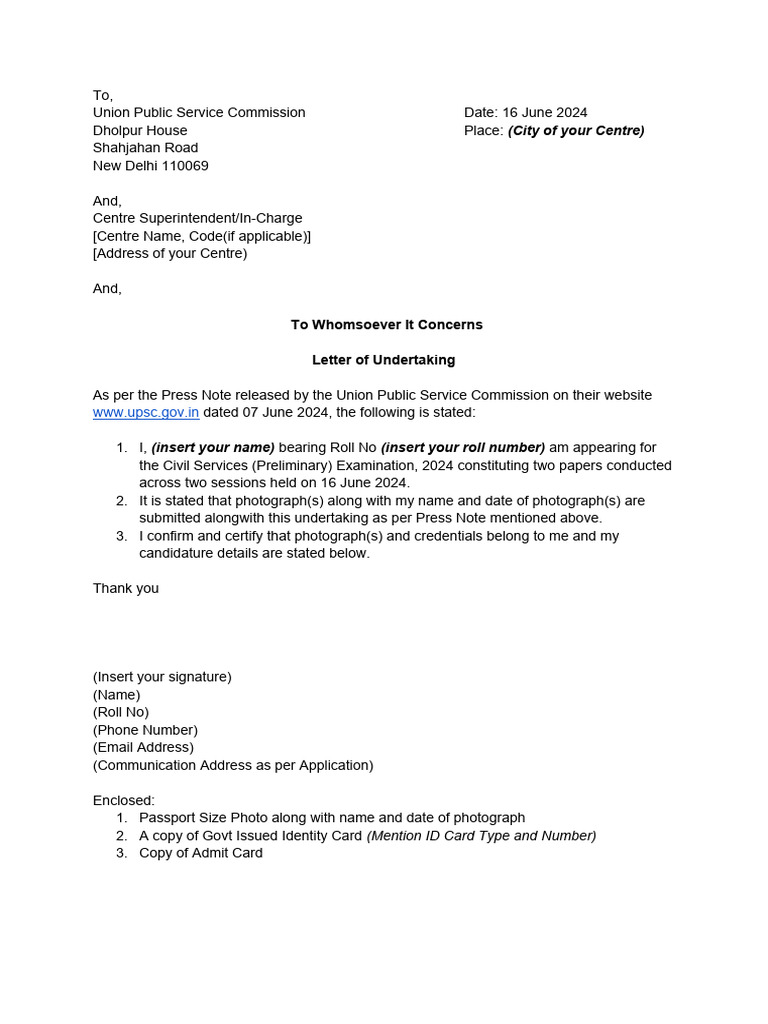 UPSC Prelims 2024 Undertaking Format | PDF