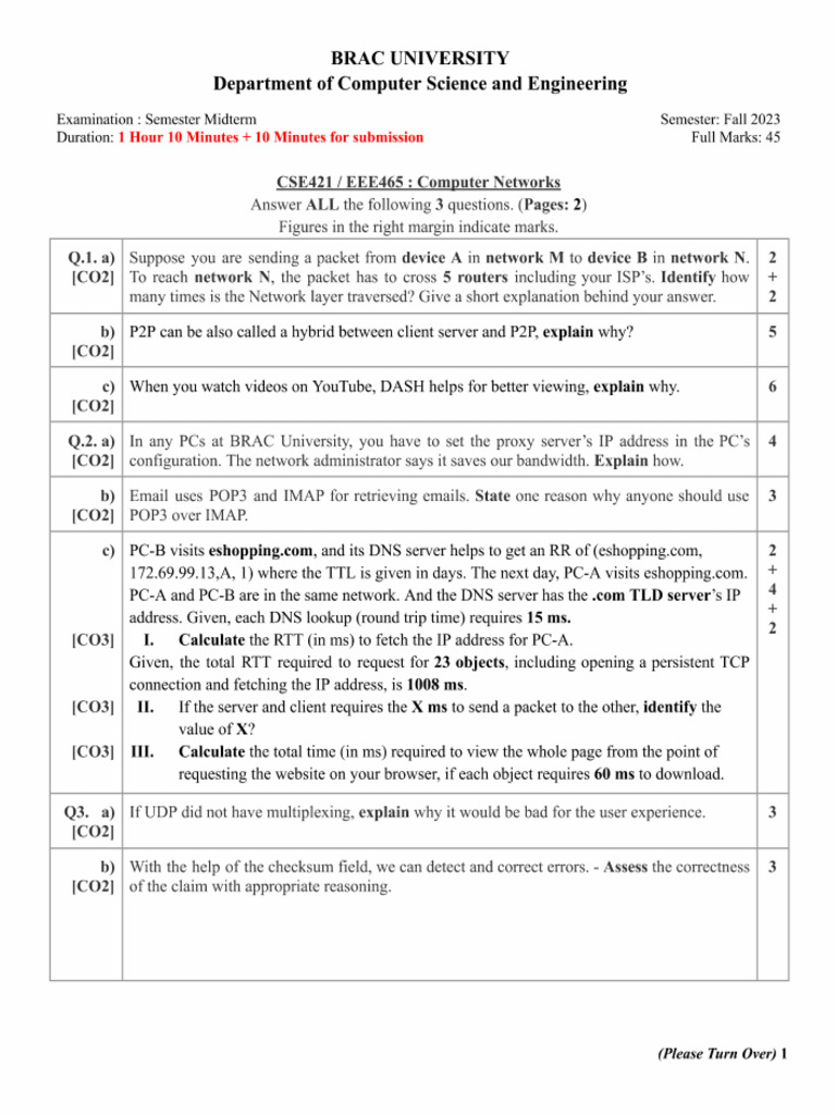 CSE421 Midterm Question Paper | PDF