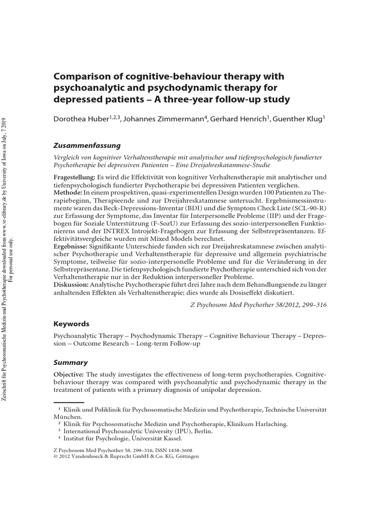 Comparison of CBT With Psychoanalytic Therapy For Depressed Pacients, 2012 | PDF | Psychotherapy ...