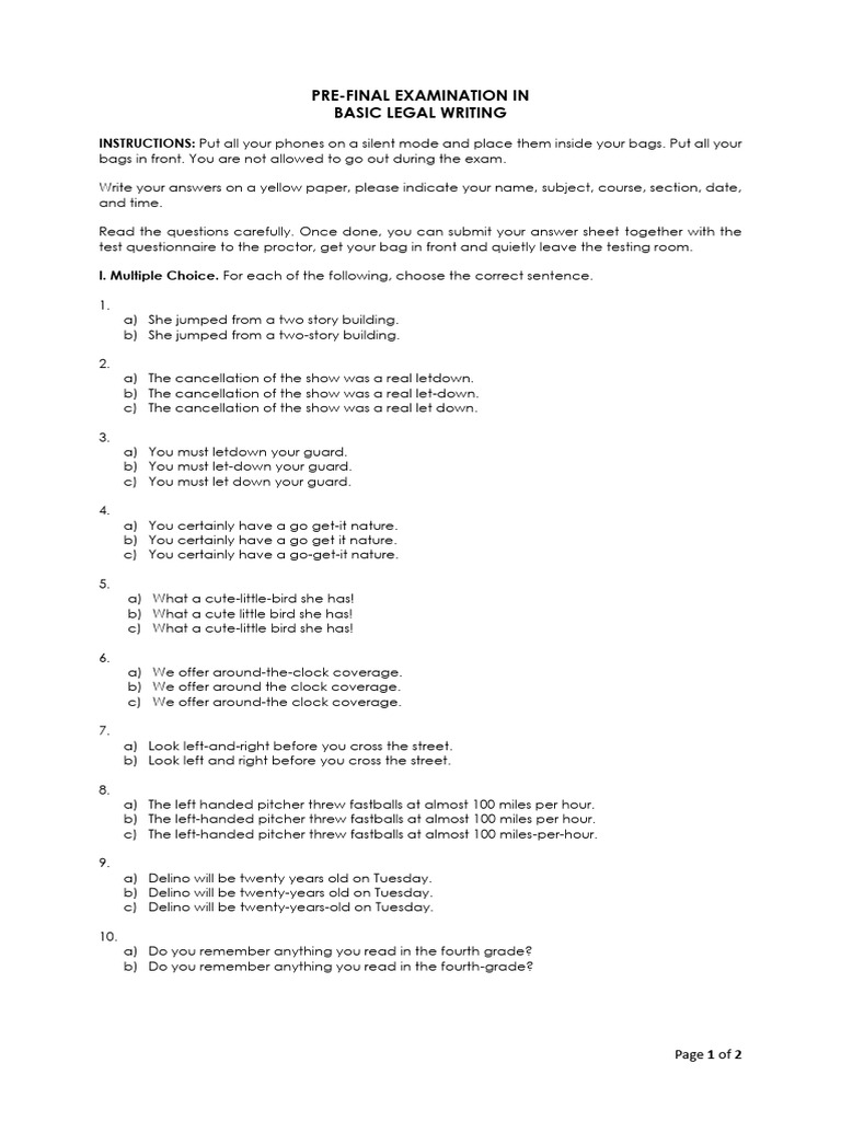 BASIC LEGAL WRITING - Pre-Final Exam Questio | PDF | Multiple Choice