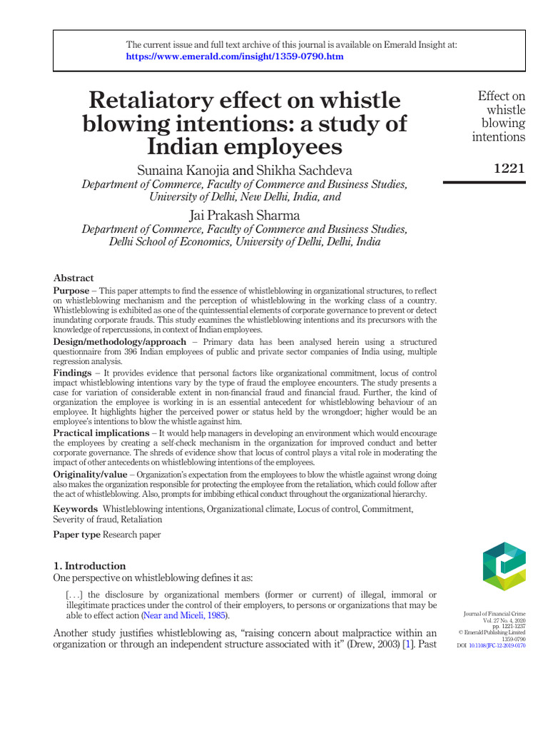 Retaliatory Effect On Whistleblowing Intentions A Study of Indians ...