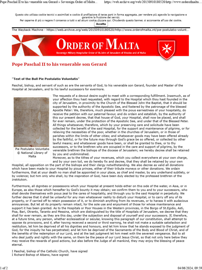 Pope Paschal II To His Venerable Son Gerard Sovereign Order of Malta ...