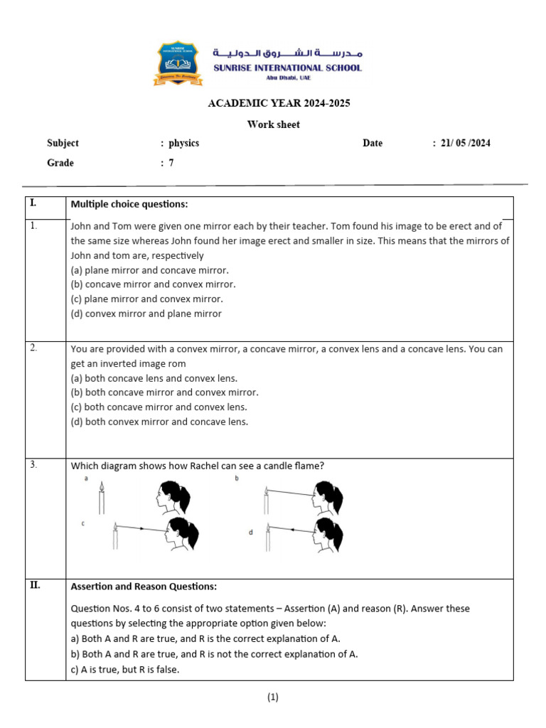 GR 7 Light Worksheet | PDF | Mirror | Light