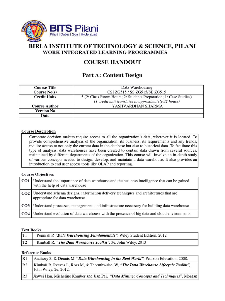 CSI ZG515 COURSE HANDOUT | Download Free PDF | Data Warehouse | Information Technology