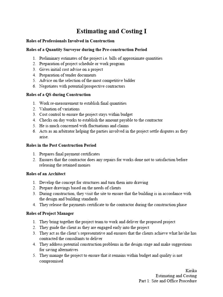 Estimating and Costing I Notes | PDF | Cost | Employment