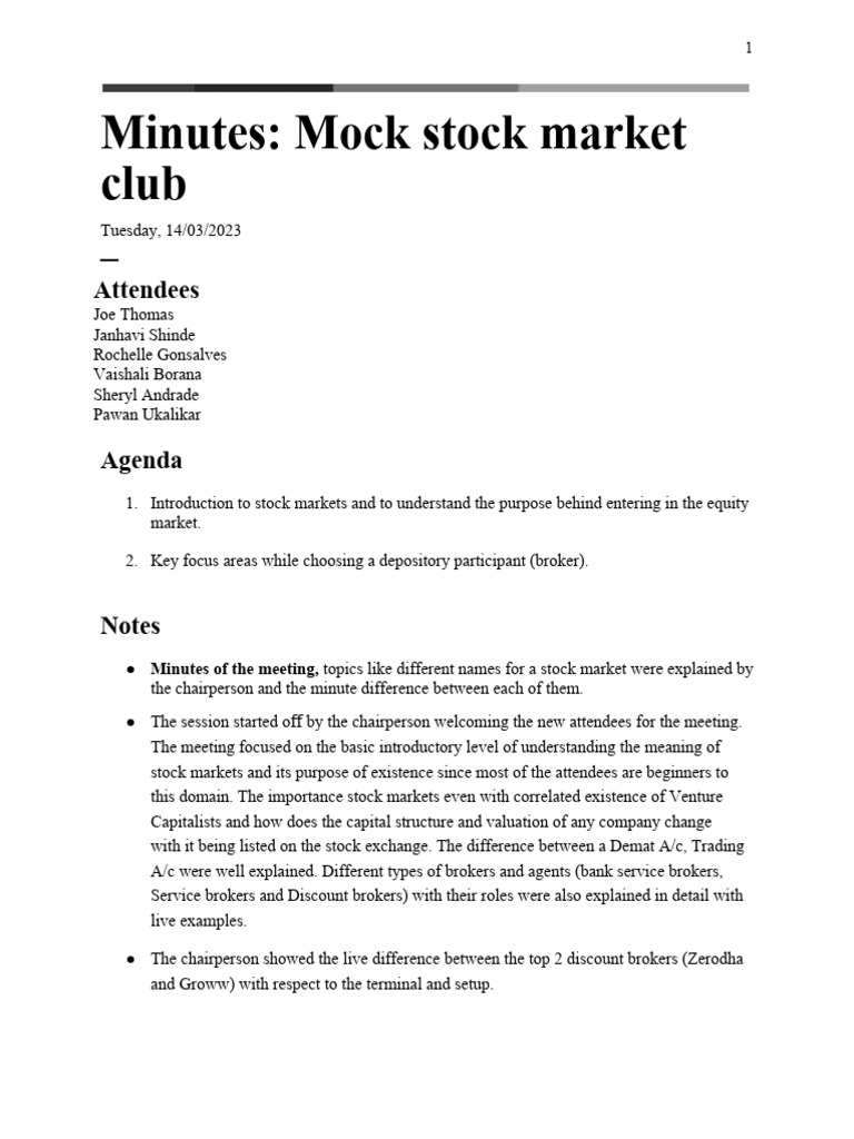 Mock Stock Market Club Meeting Minutes | PDF