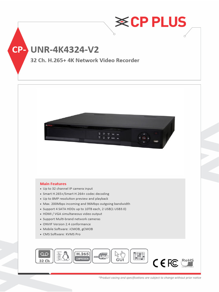 UNR-4K4324-V2: 32 Ch. H.265+ 4K Network Video Recorder | PDF | Hdmi | Port (Computer Networking)