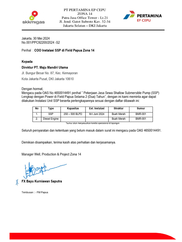 COO Pemasangan SSP Sumur Buah Merah | PDF
