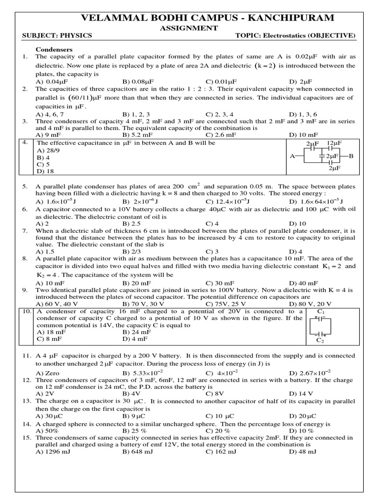 Electrostatics Assignment: Capacitors | PDF | Capacitor | Capacitance