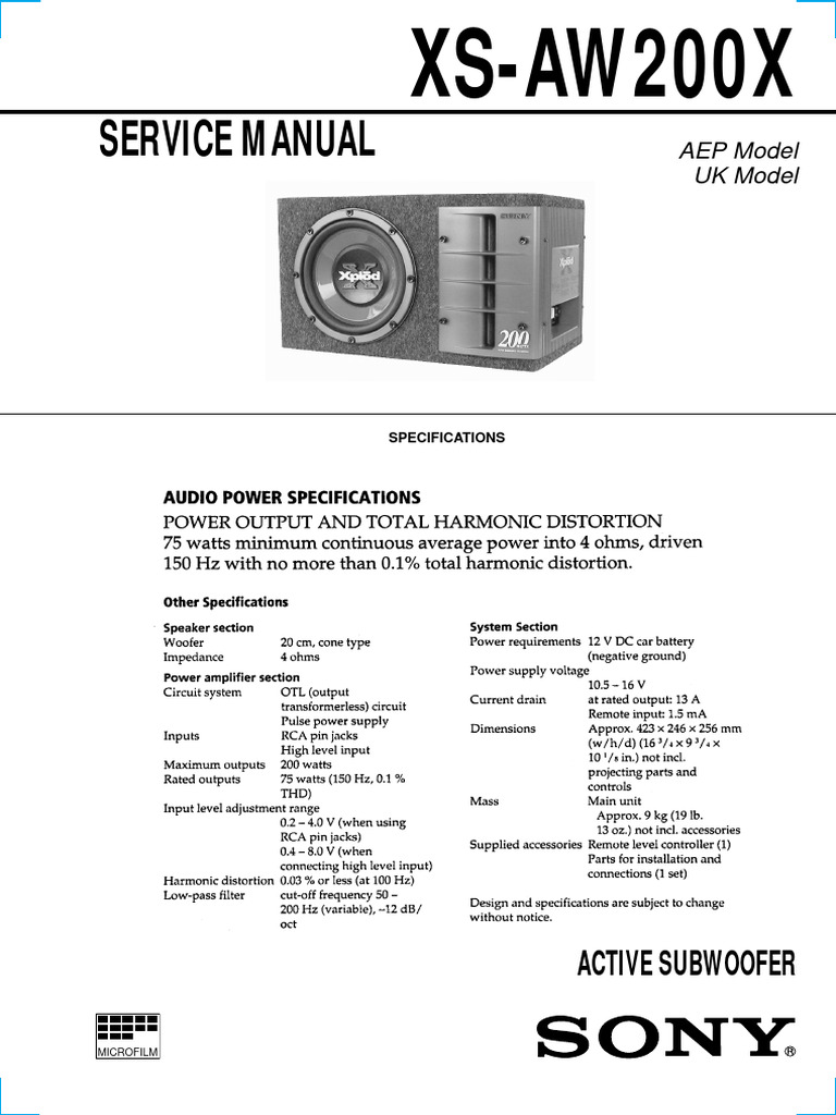 Sony XS-AW200X Car Active Subwoofer SM | PDF | Capacitor | Voltage