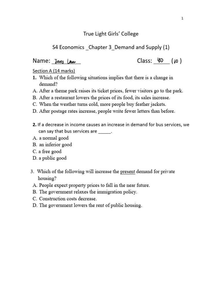 Name: - Class: - : True Light Girls' College S4 Economics - Chapter 3 ...