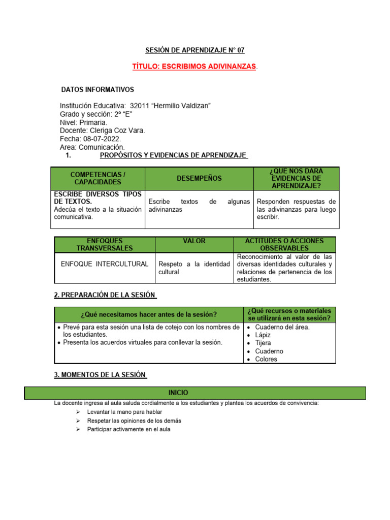 Escribimos Adivinanzas en Clase | PDF | Aprendizaje | Salón de clases