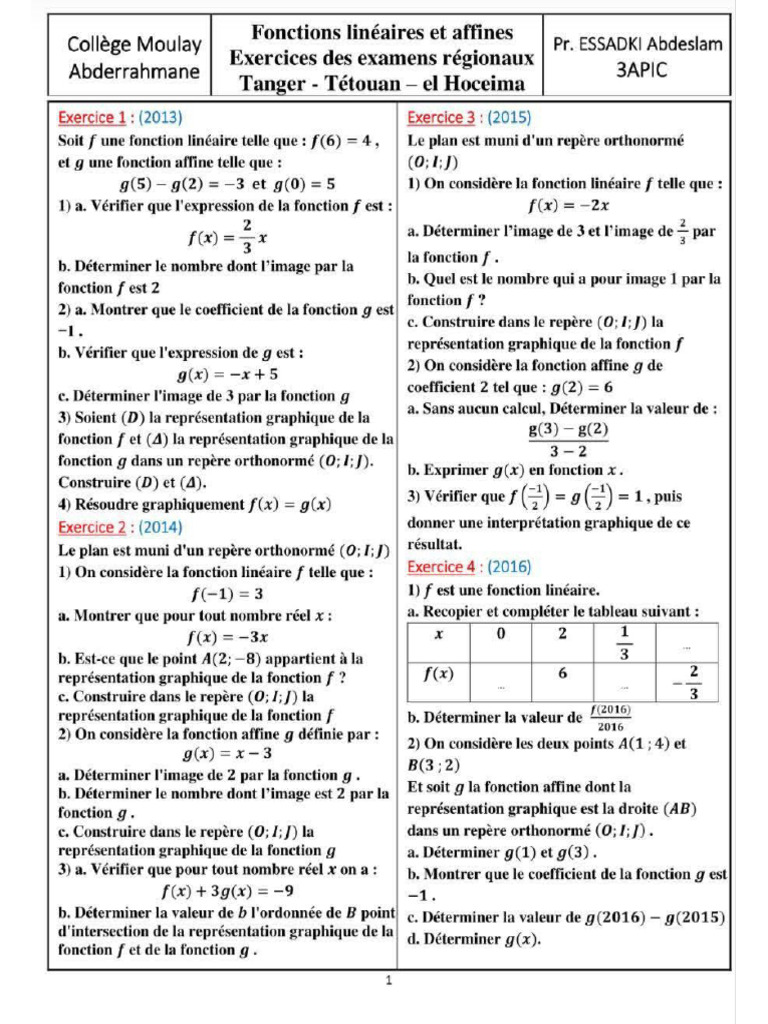 Serie Dexercices Les Fonctions 3ac Pdf