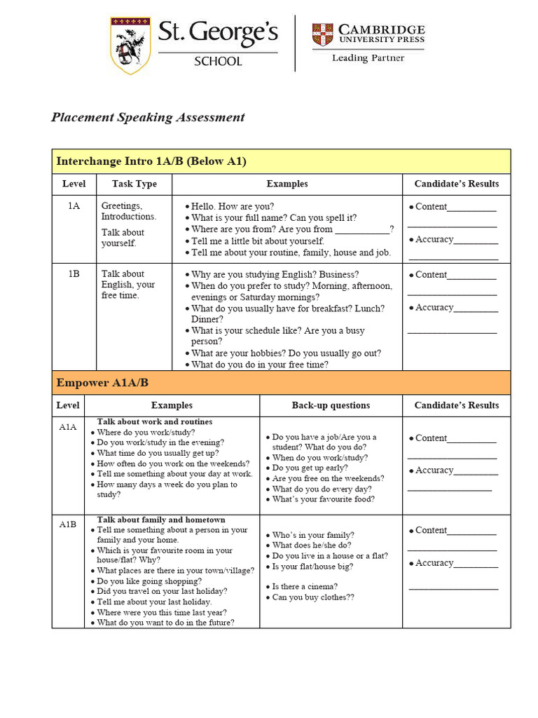 Placement Speaking Assessment Guide | PDF | Language Arts & Discipline ...