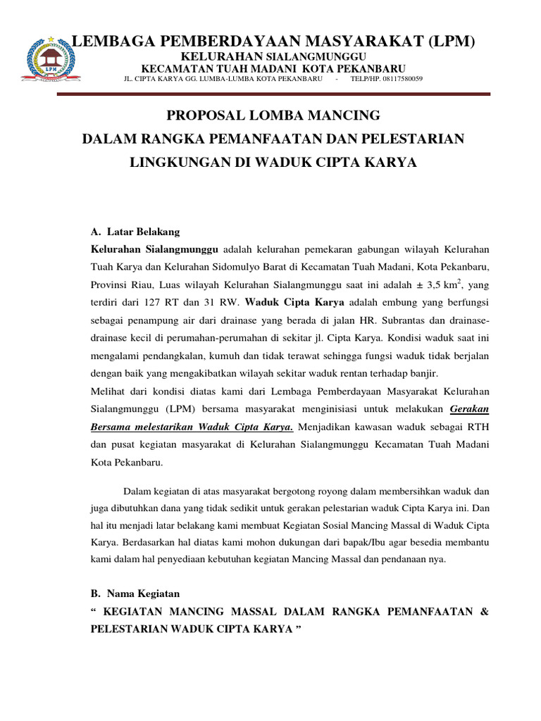 Proposal-Lomba-Mancing WADUK CK KEL - SIALANGMUNGGU | PDF