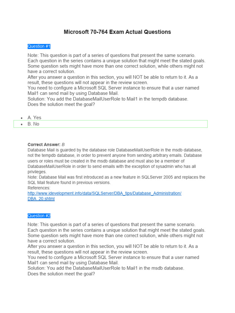 Microsoft 70-764 Exam Actual Questions | Download Free PDF | Microsoft ...