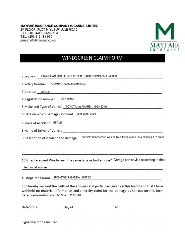 Windscreen Claim Form Uganda | PDF