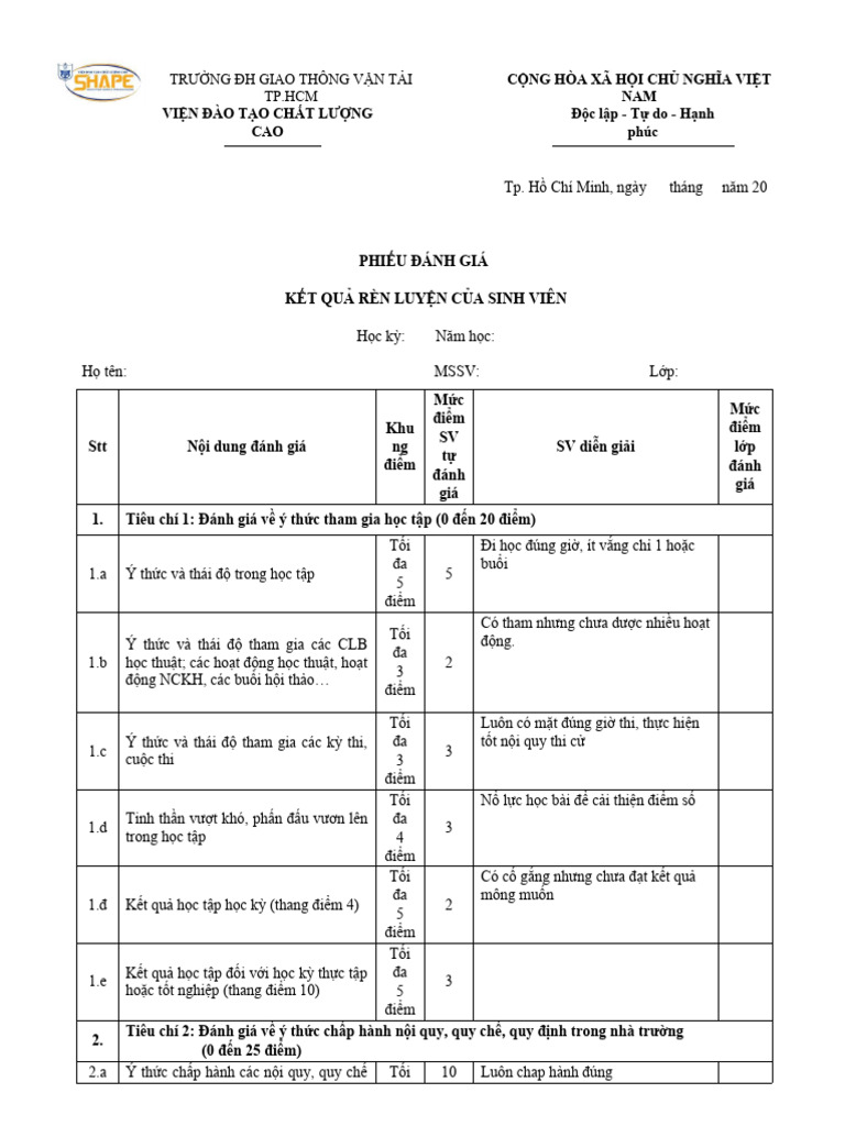 Mau phieu SV tu danh gia_MSSV_Ten | PDF