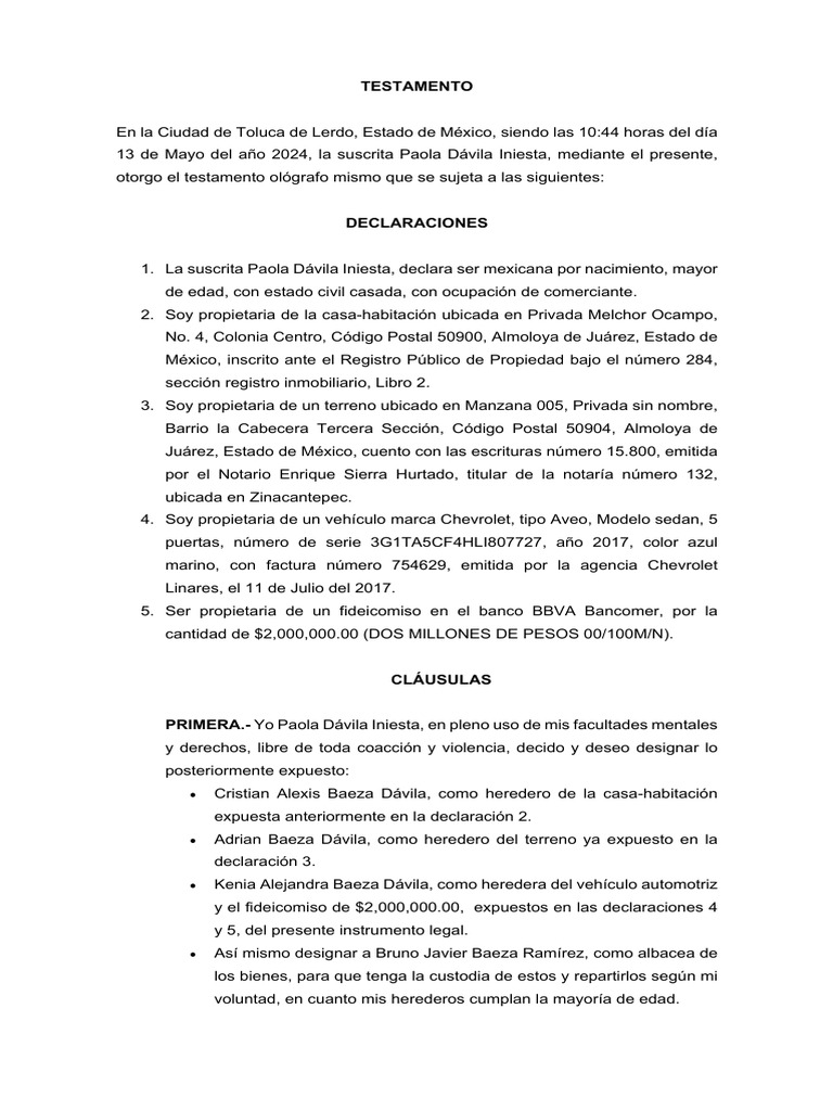 Testamento de Paola Dávila Iniesta | PDF | México